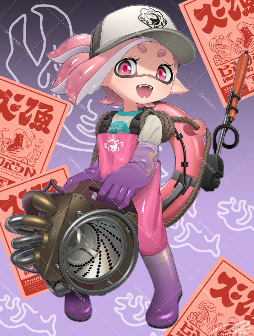 Safebooru - 1girl :d baseball cap boots commentary commission fangs ...