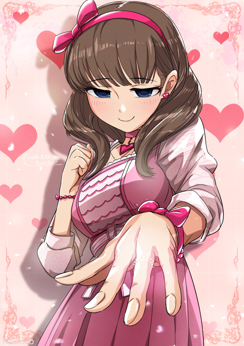 Safebooru - 1girl blue eyes blush bracelet brown hair choker commentary request dress earrings ...