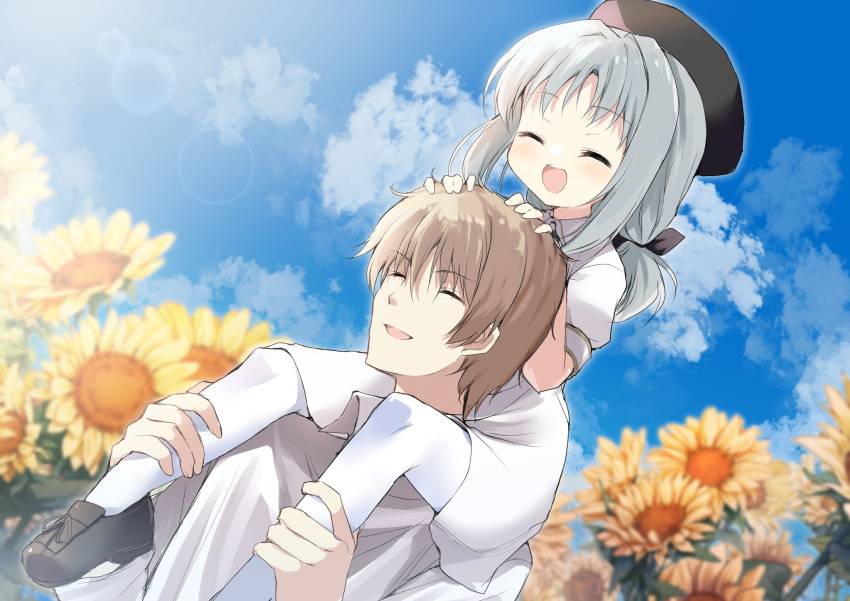 Safebooru - 1boy 1girl :d ^ ^ aged down beret black footwear black hat black ribbon blue sky ...