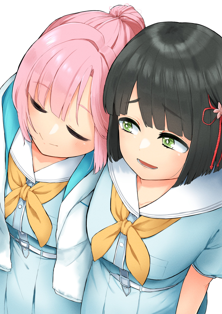 Safebooru - 2girls :d absurdres ahoge anyoji hime black hair blue dress blunt bangs blunt ends ...