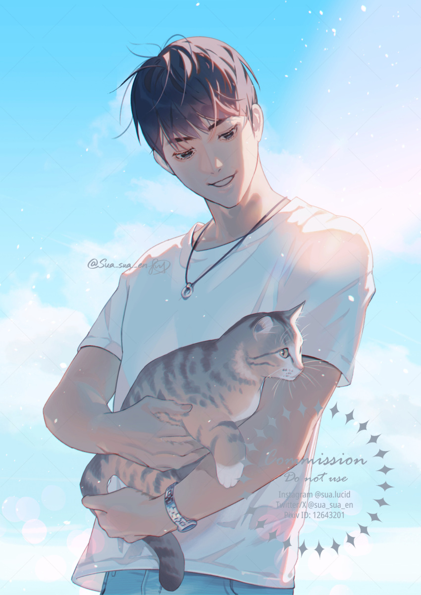 Safebooru - 1boy animal blue background blue pants blurry bokeh brown eyes brown hair cat clouds ...