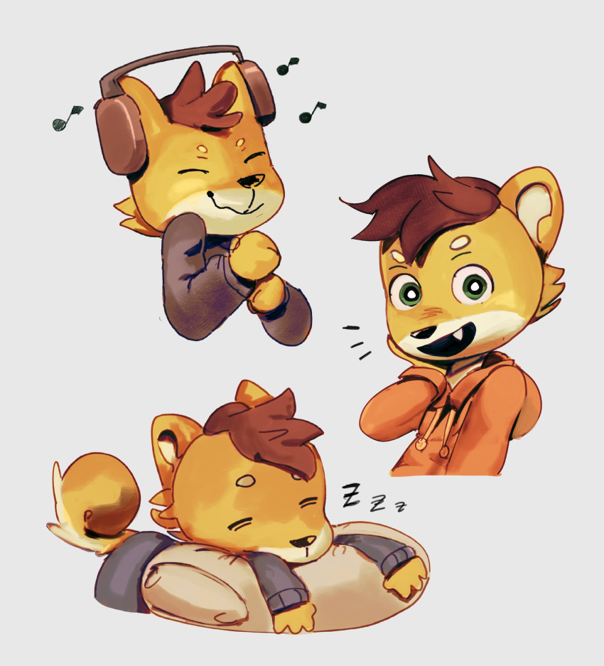 Safebooru - 3boys animal ears brown hair dog dog ears fang furry green eyes highres hood hoodie ...