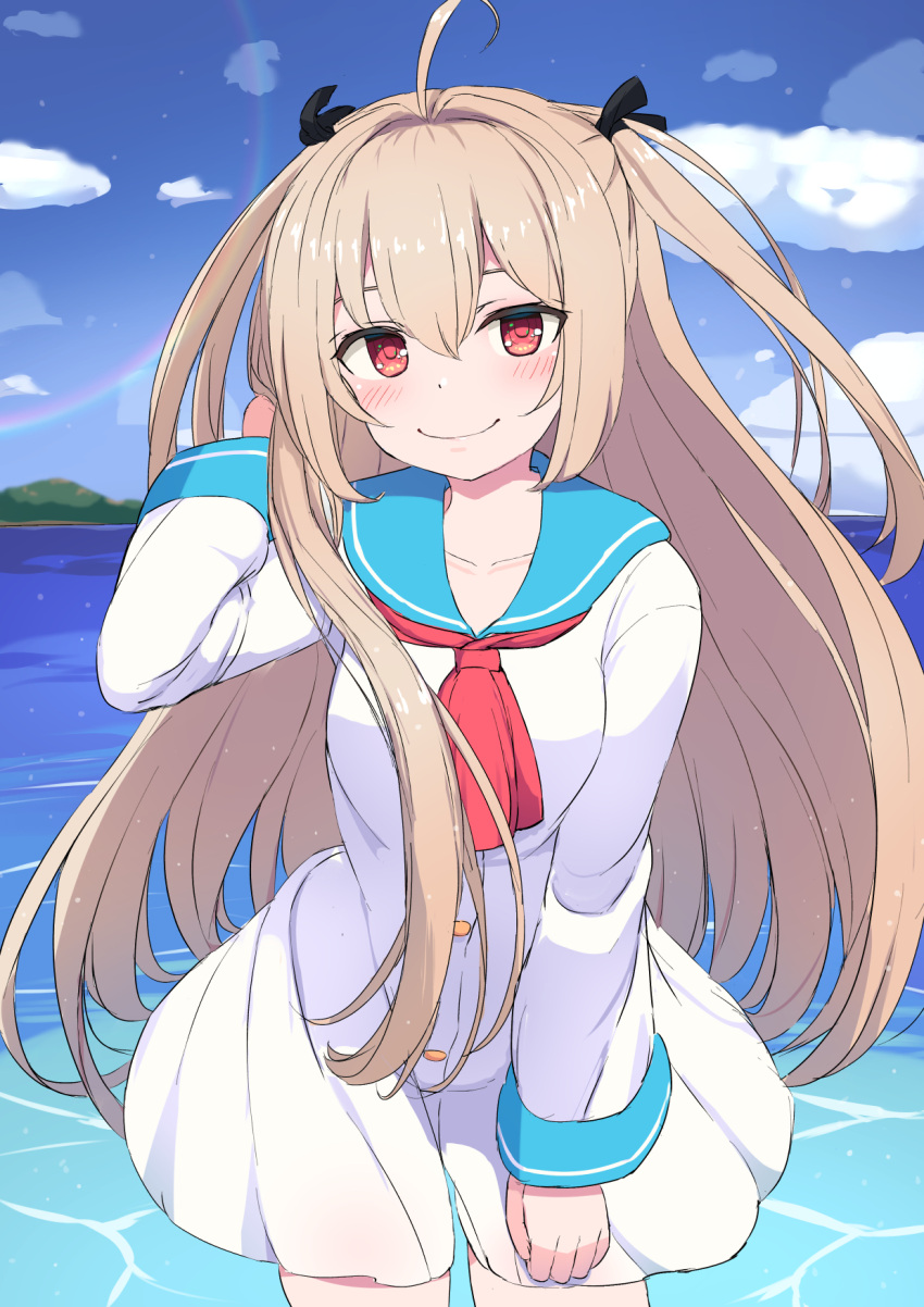 Safebooru - 1girl ahoge ascot atri atri-my dear moments- blonde hair blue sailor collar blue sky ...