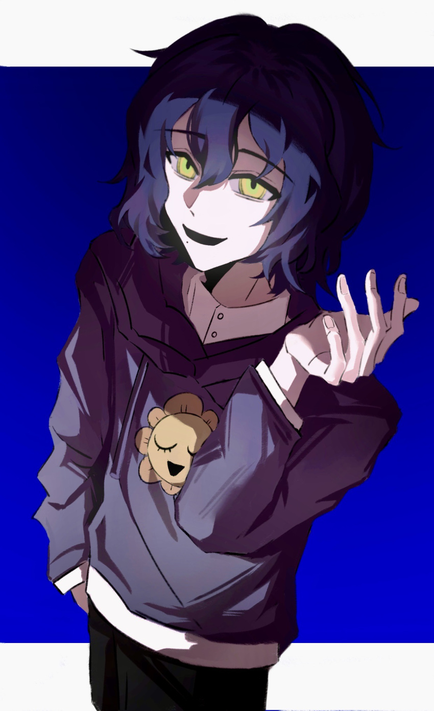 Safebooru - 1boy black pants blue hair cowboy shot dark blue hair hair between eyes hand on own ...