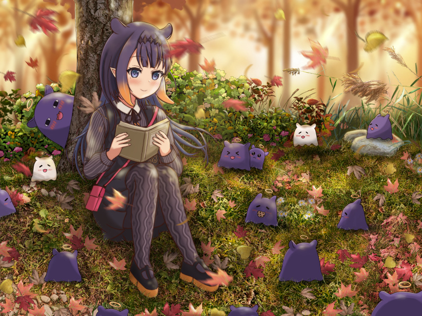 Safebooru - alpha cas autumn autumn leaves blush book bush cookie english commentary food grass ...