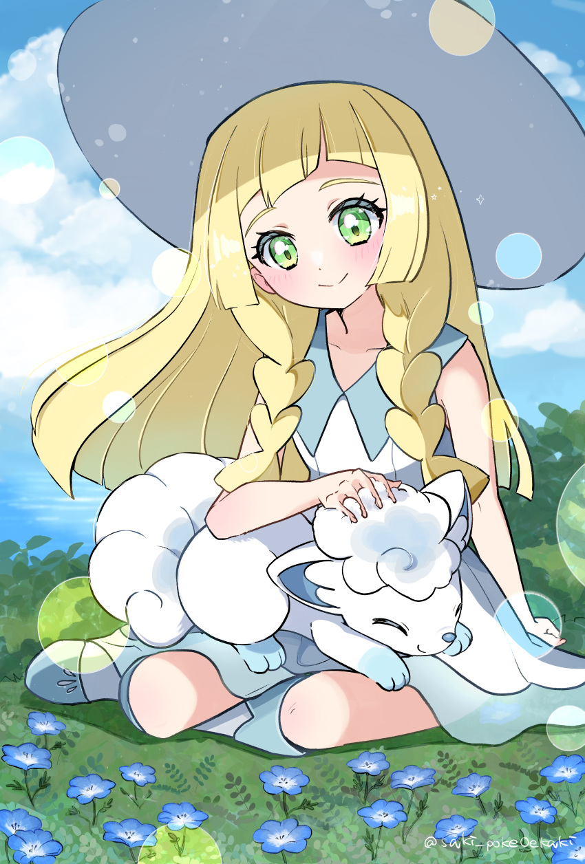 Safebooru - 1girl absurdres alolan vulpix arm support blonde hair blush braid closed mouth ...