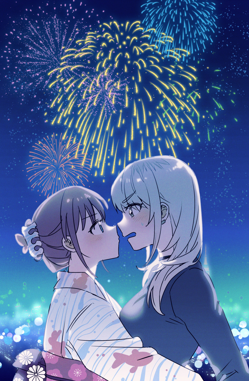 Safebooru - 2girls absurdres aerial fireworks black shirt blue eyes ...
