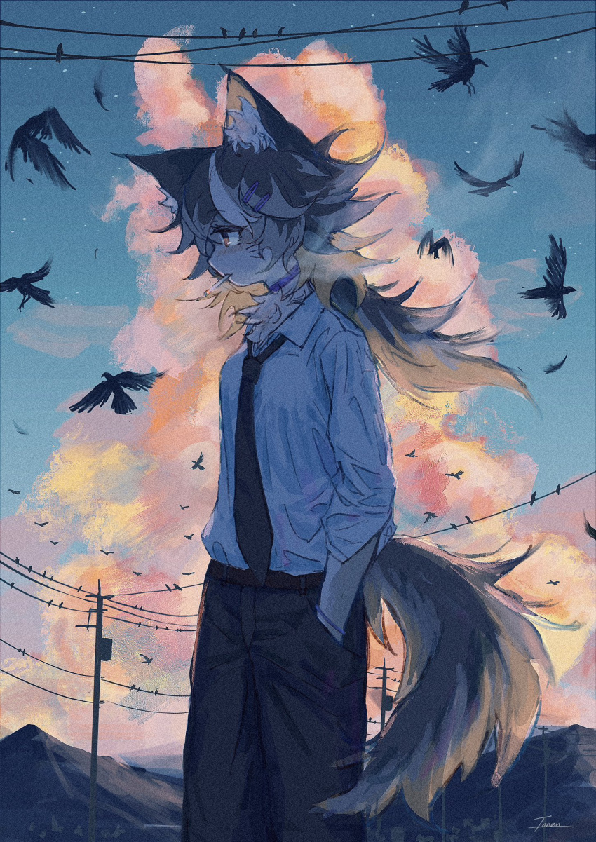 Safebooru - 1girl animal ears backlighting belt bird black necktie ...