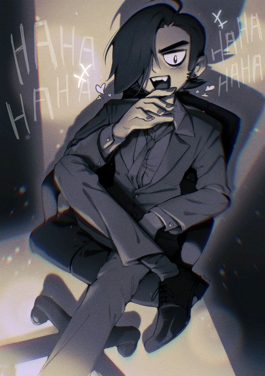 Safebooru - 1boy absurdres black hair chair commentary request existenc3 greyscale hair over one ...