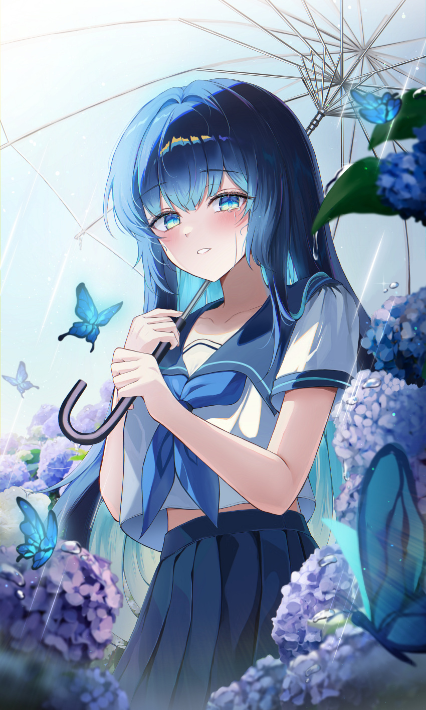Safebooru - 1girl absurdres black necktie black sailor collar black skirt blue butterfly blue ...