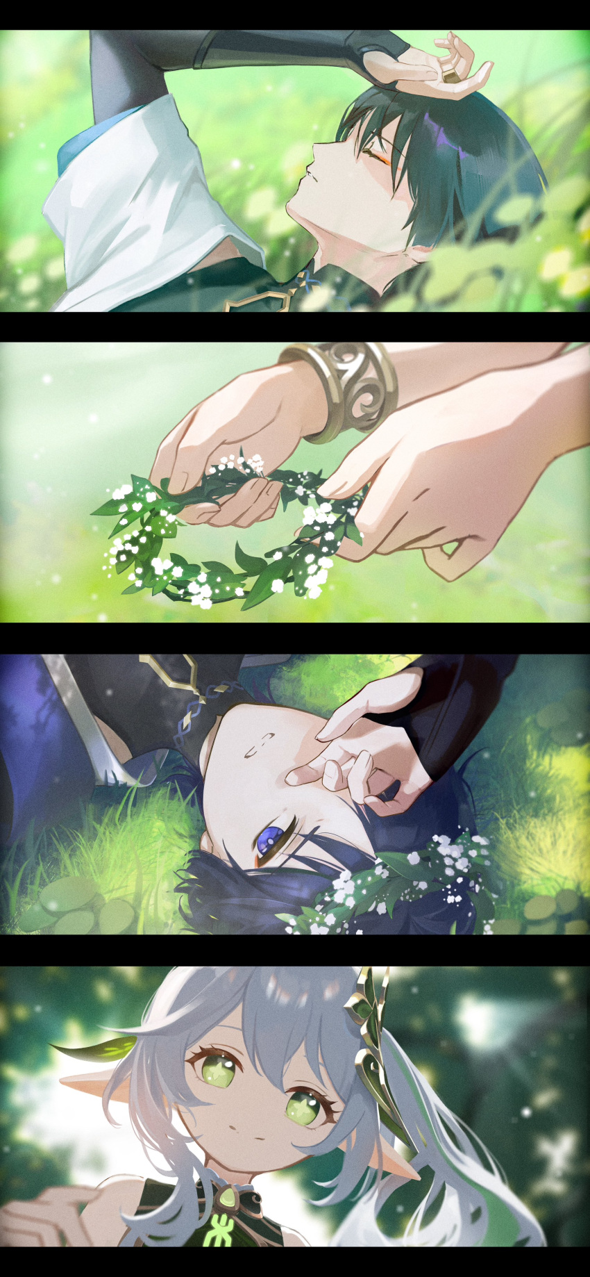 Safebooru - 1boy 1girl absurdres anna (drw01) aqua sleeves armor asymmetrical sidelocks bare ...