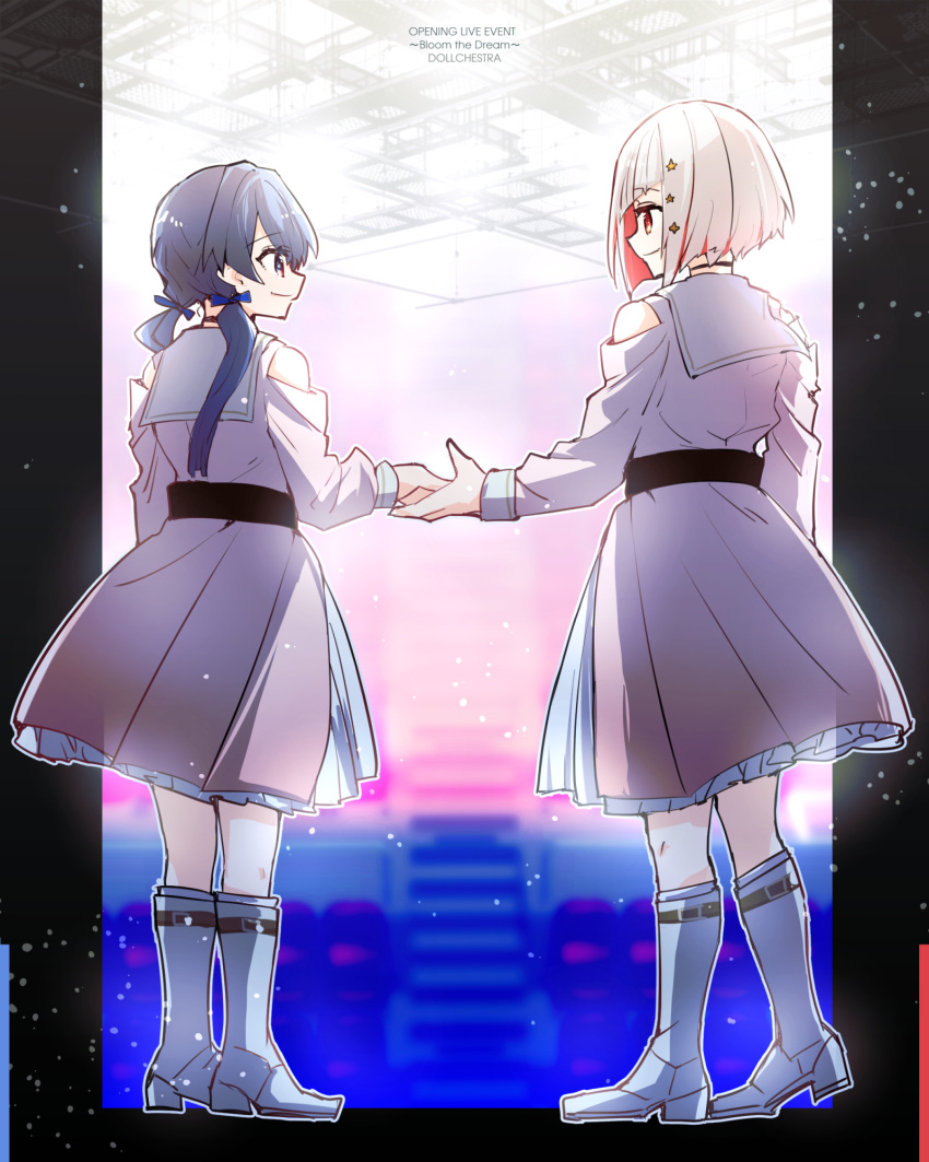 Safebooru - 2girls blue eyes blue hair blue ribbon blurry blurry background bob cut boots closed ...