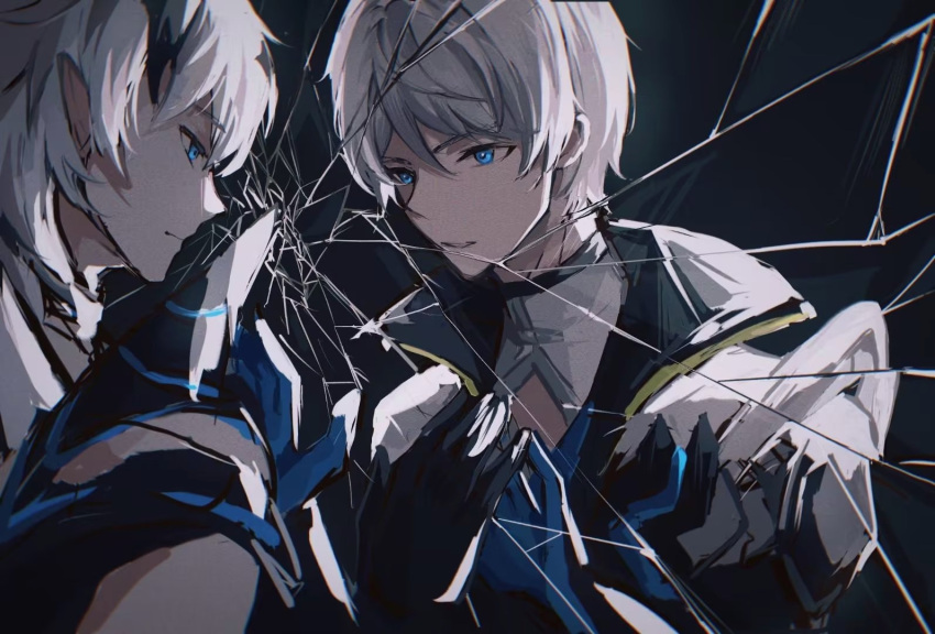 Safebooru - 1boy black gloves blue eyes broken glass demon form ...