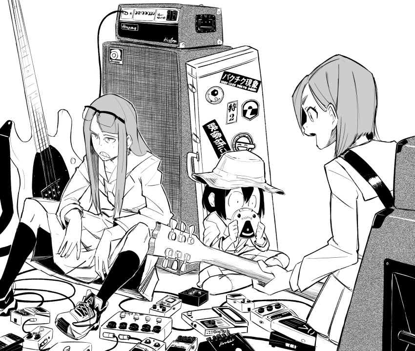 Safebooru - 3girls absurdres ampeg asakusa midori asymmetrical bangs black hair bob cut bucket ...