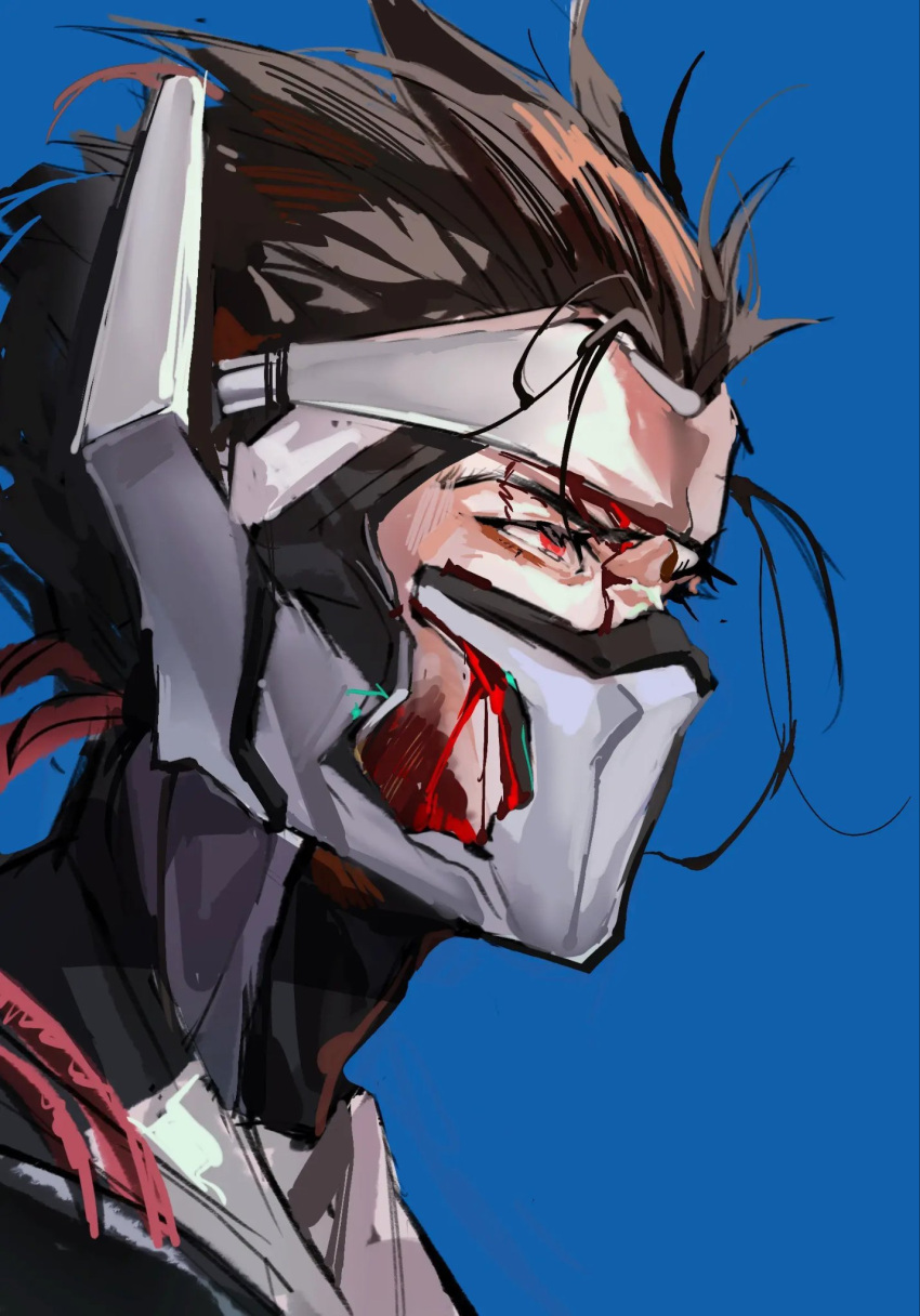 Safebooru - 1boy black hair blue background broken mask genji ...
