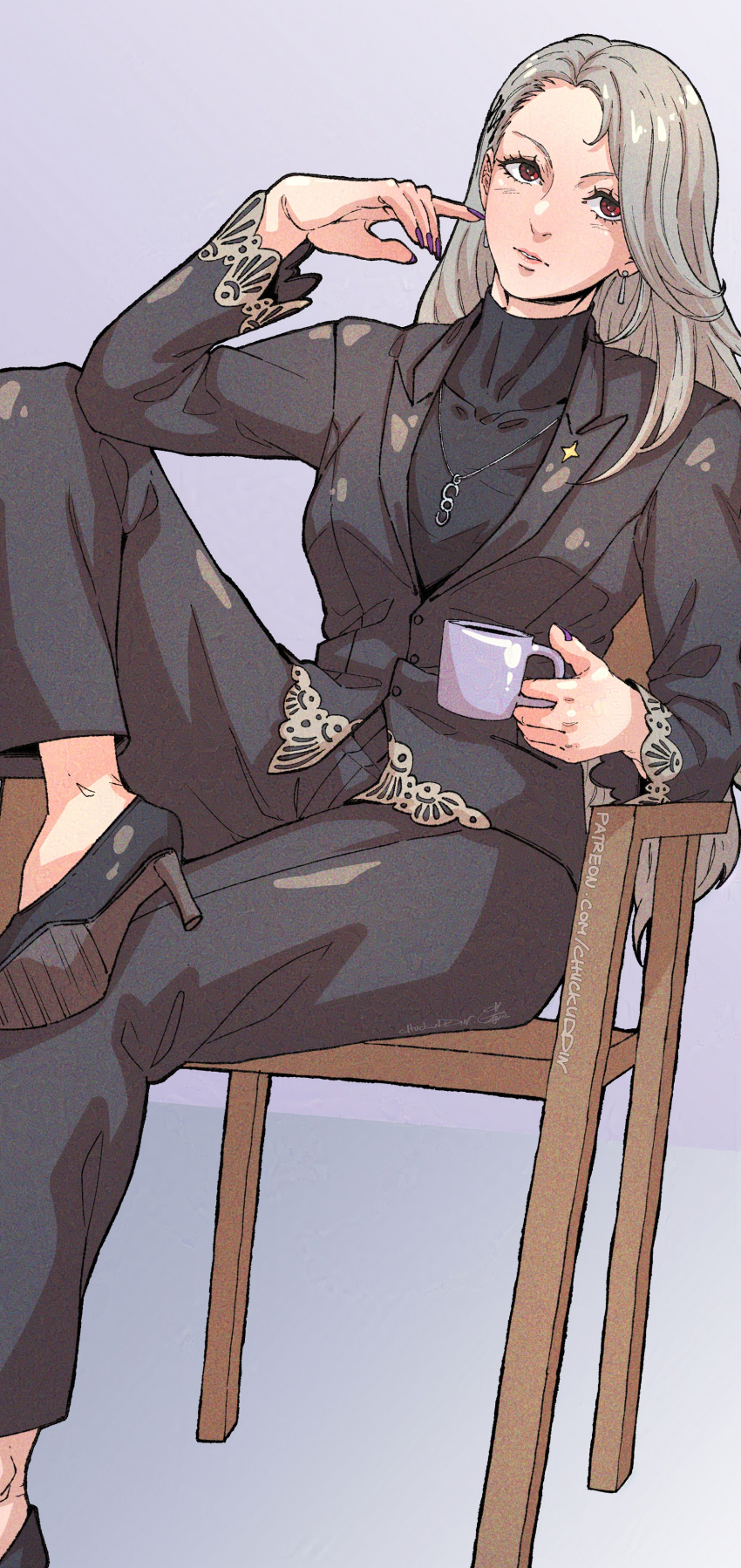 Safebooru - 1girl absurdres black footwear black jacket black pants chair chuckuddin cup ...