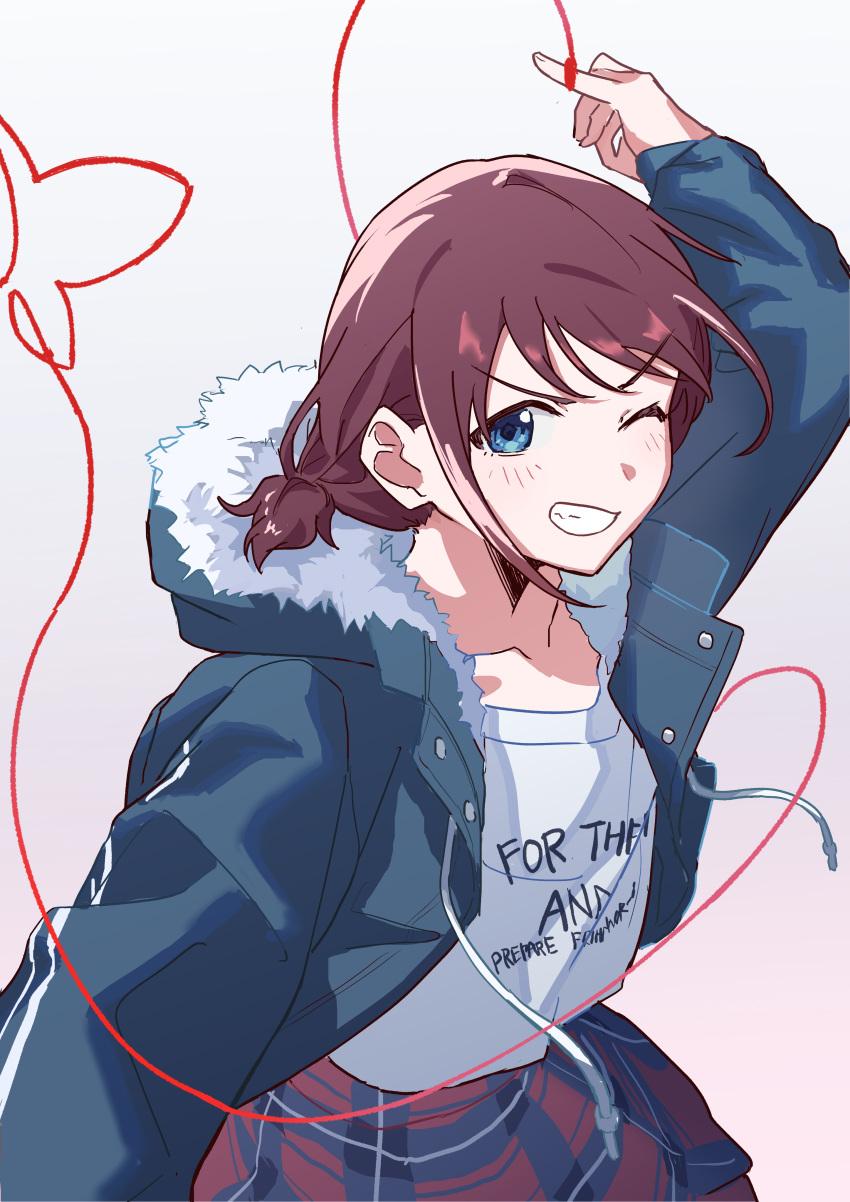Safebooru - 1girl absurdres arm up blue eyes blue jacket blush brown hair clenched teeth clothes ...