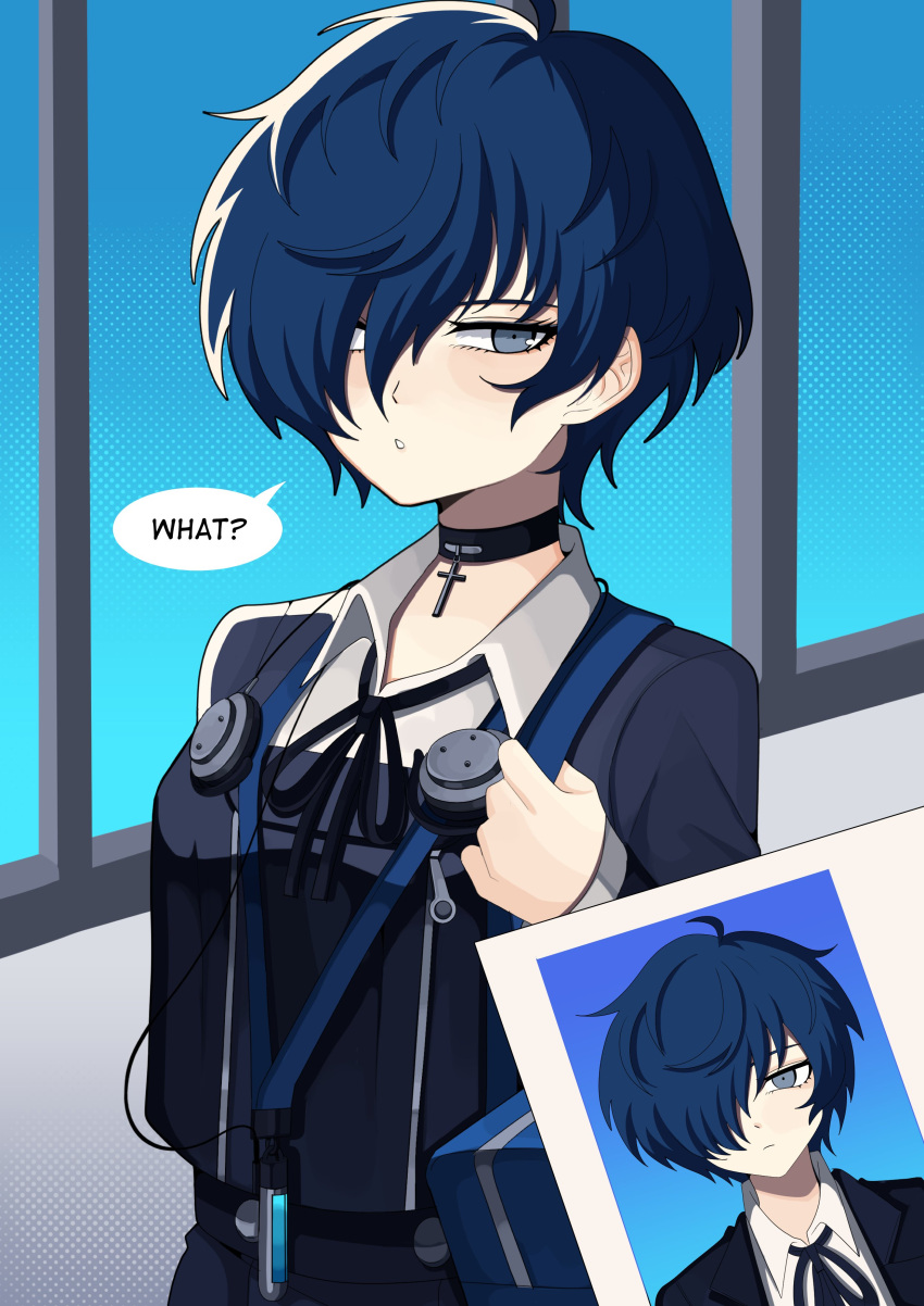 Safebooru - 1boy 1girl absurdres bag black choker blue hair blush bobamiruku choker collared ...