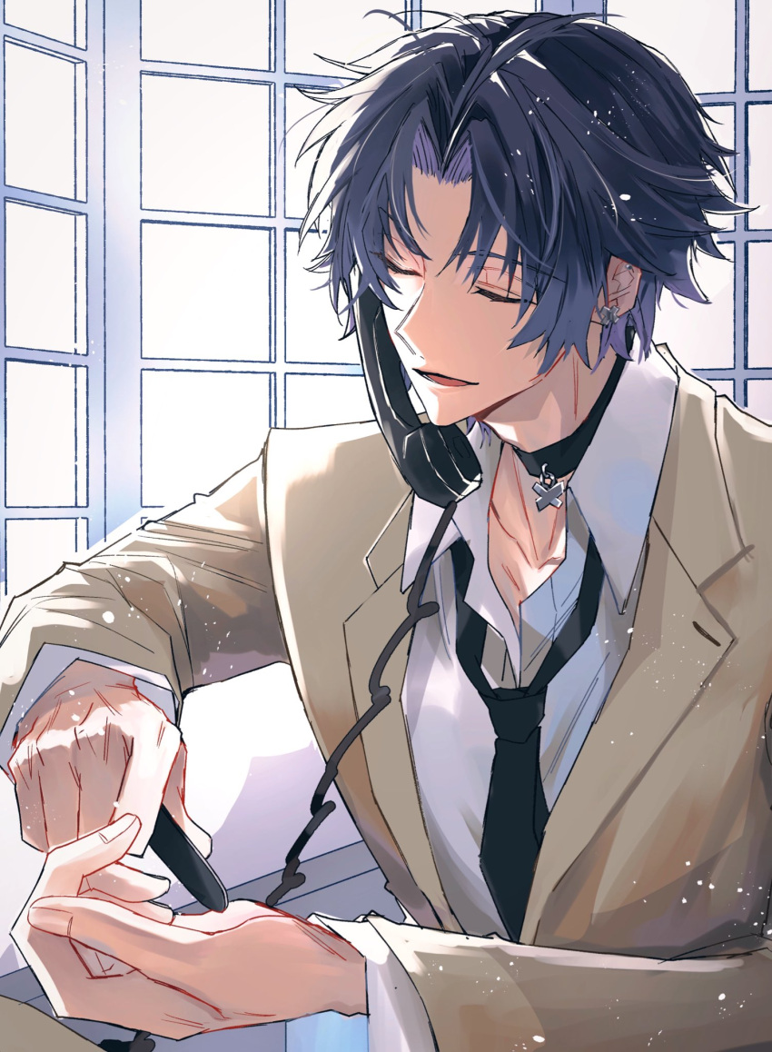 Safebooru - 1boy asaba harumasa black choker black hair black necktie bloom brown jacket choker ...