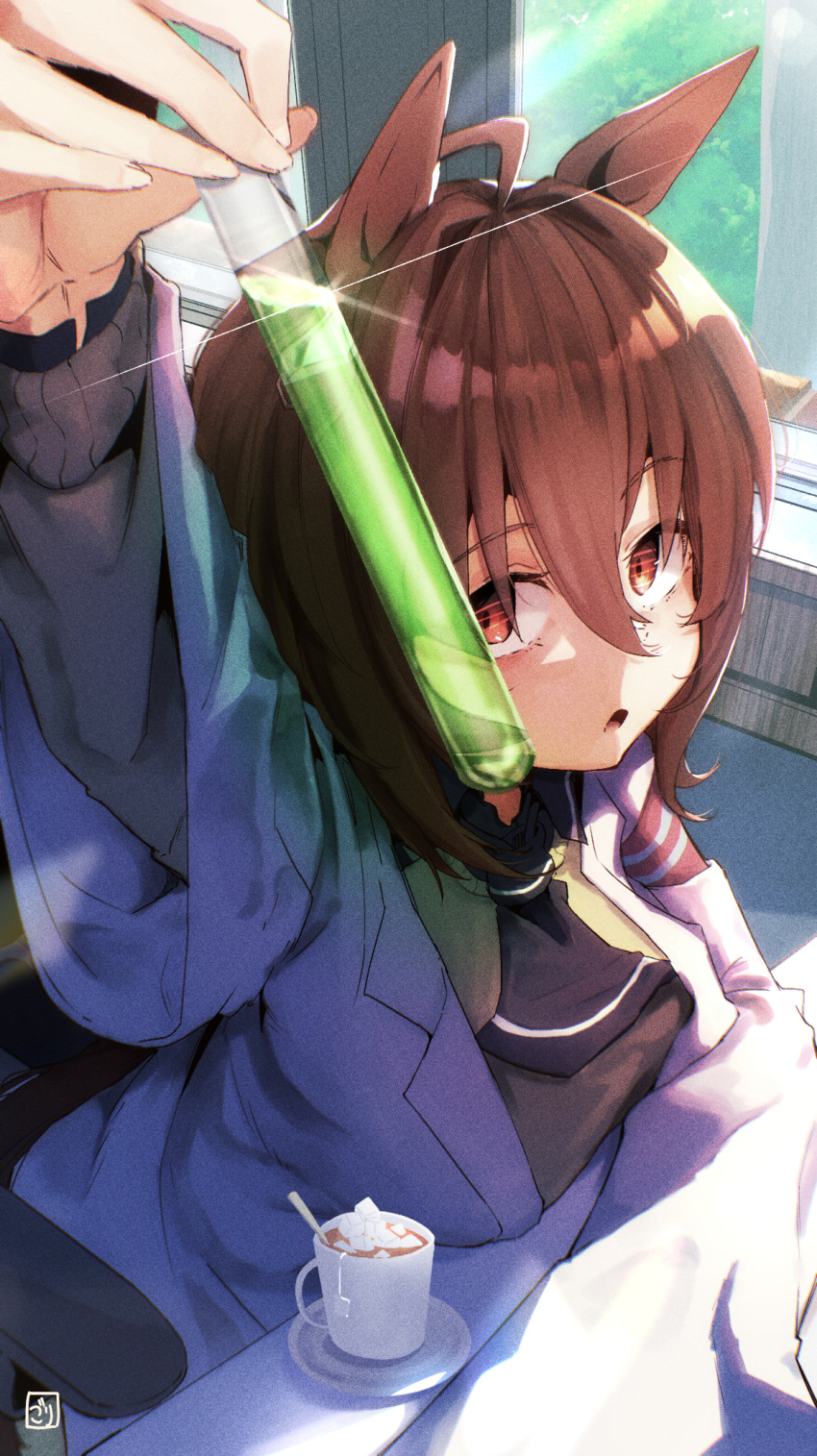 Safebooru - 1girl agnes tachyon (umamusume) ahoge animal ears arm up armband black sweater blue ...