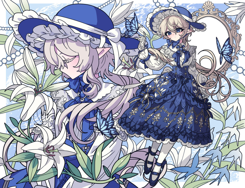 Safebooru - 1girl absurdres blue butterfly blue eyes blue footwear blue hat blue skirt bug ...
