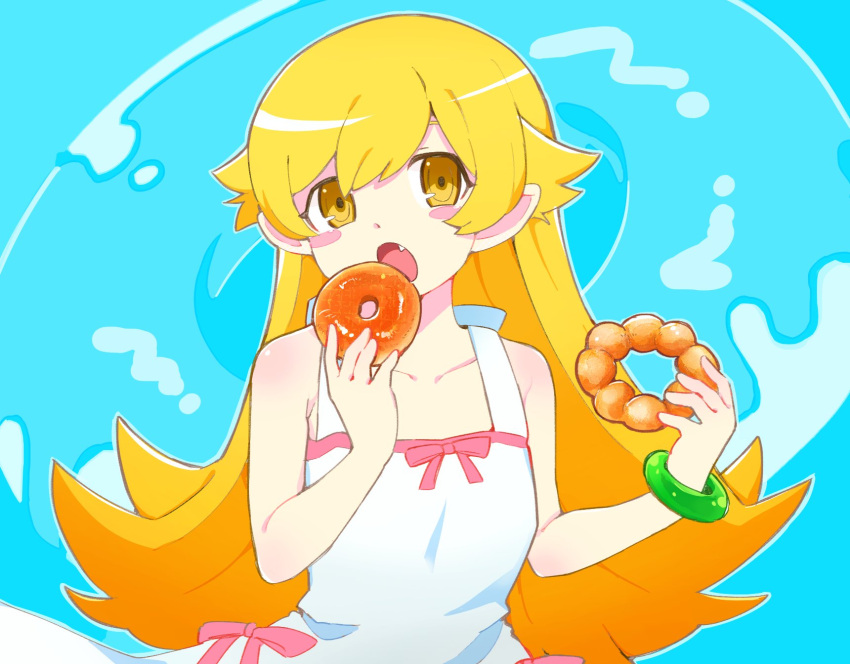 Safebooru - 1girl :o bakemonogatari bare shoulders blonde hair blue background collarbone dot ...