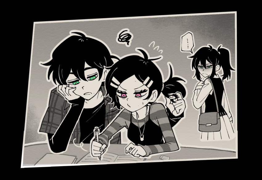 Safebooru - ... 1boy 2girls aged down ahoge andrew graves ashley graves black border book border ...