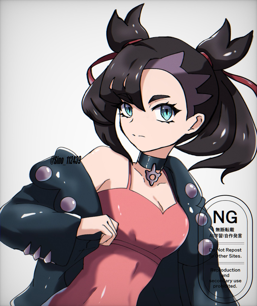 Safebooru - 1girl asymmetrical bangs black choker black hair black jacket blue eyes choker dress ...