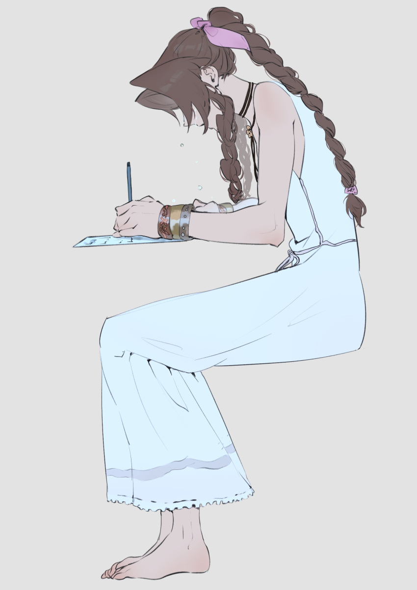 Safebooru - 1girl absurdres aerith gainsborough bangle bare shoulders barefoot bracelet braid ...