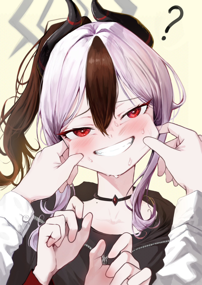 Safebooru - 1boy 1girl ? blue archive cheek pinching cheek pull choker demon girl demon horns ...