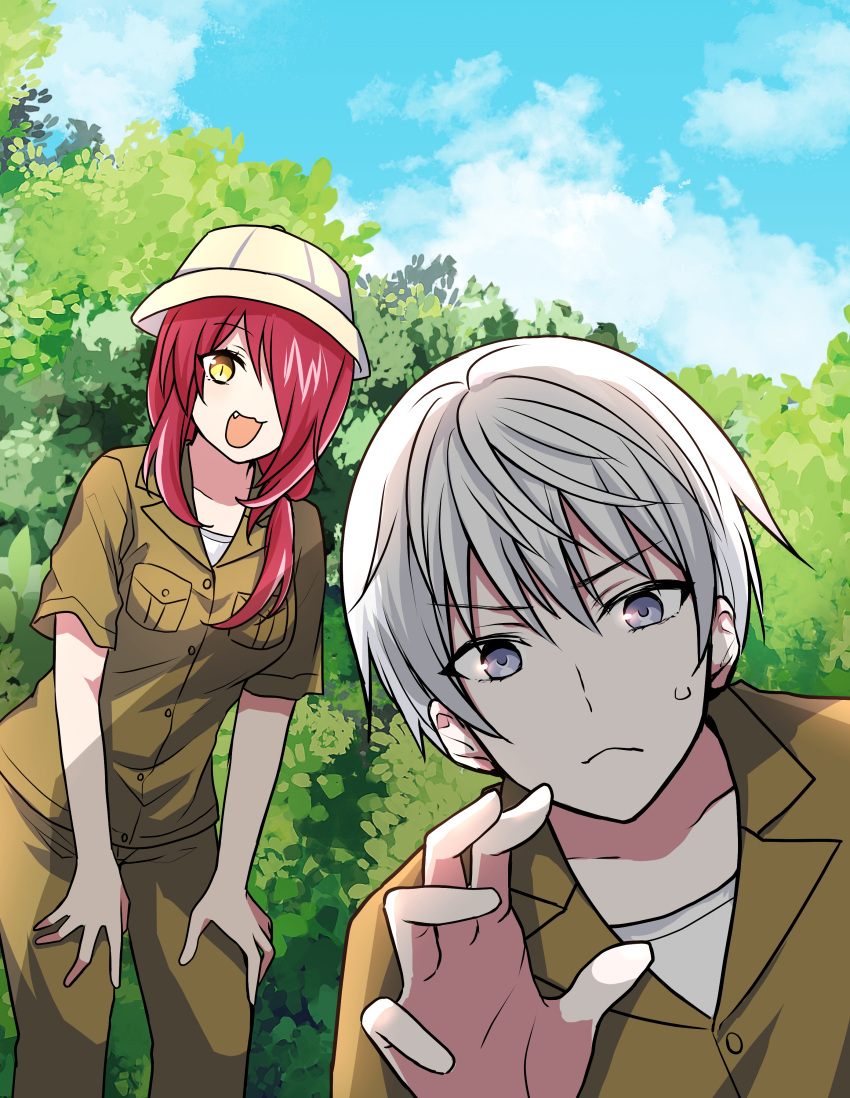 Safebooru - 1boy 1girl :d absurdres brown jacket brown pants clouds collarbone day fang forest ...