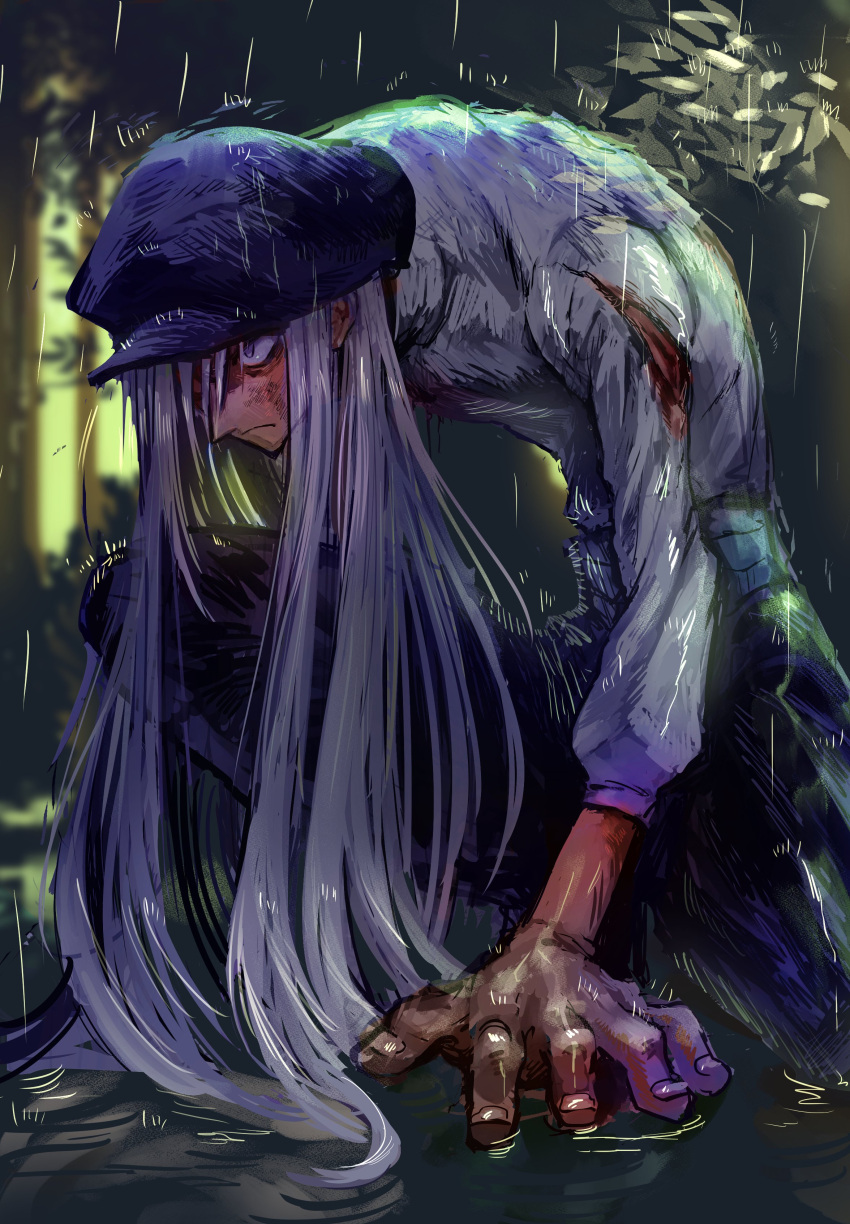 Safebooru - 1boy absurdres black pants blood blue hat frown full body ...
