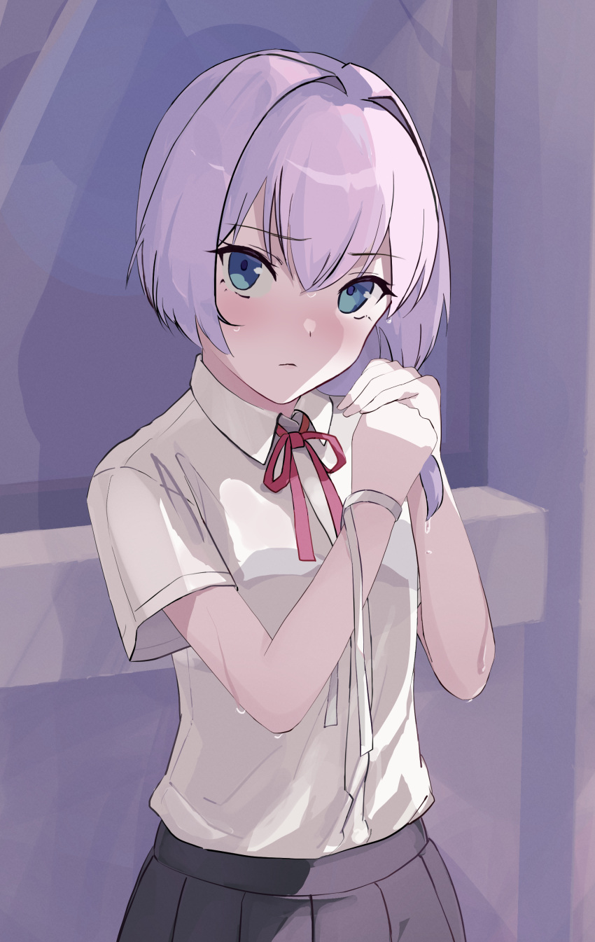 Safebooru - 1girl absurdres black skirt blue eyes blush collared shirt commission hair between ...