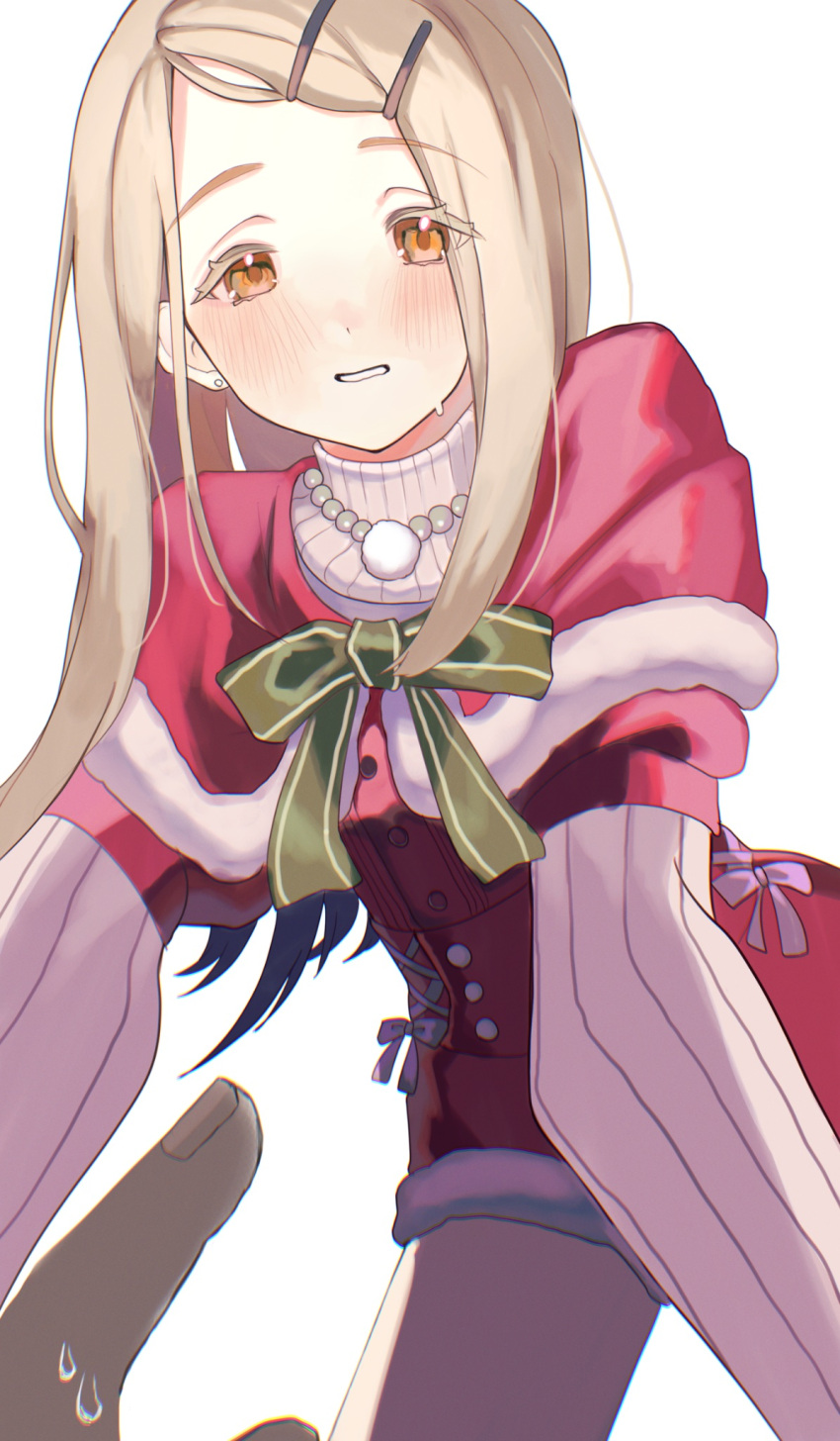Safebooru - 1girl blonde hair blush bow capelet christmas colored eyelashes earrings from below ...