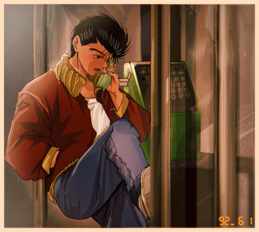 Safebooru - 1boy black hair commentary request denim hand in pocket ...