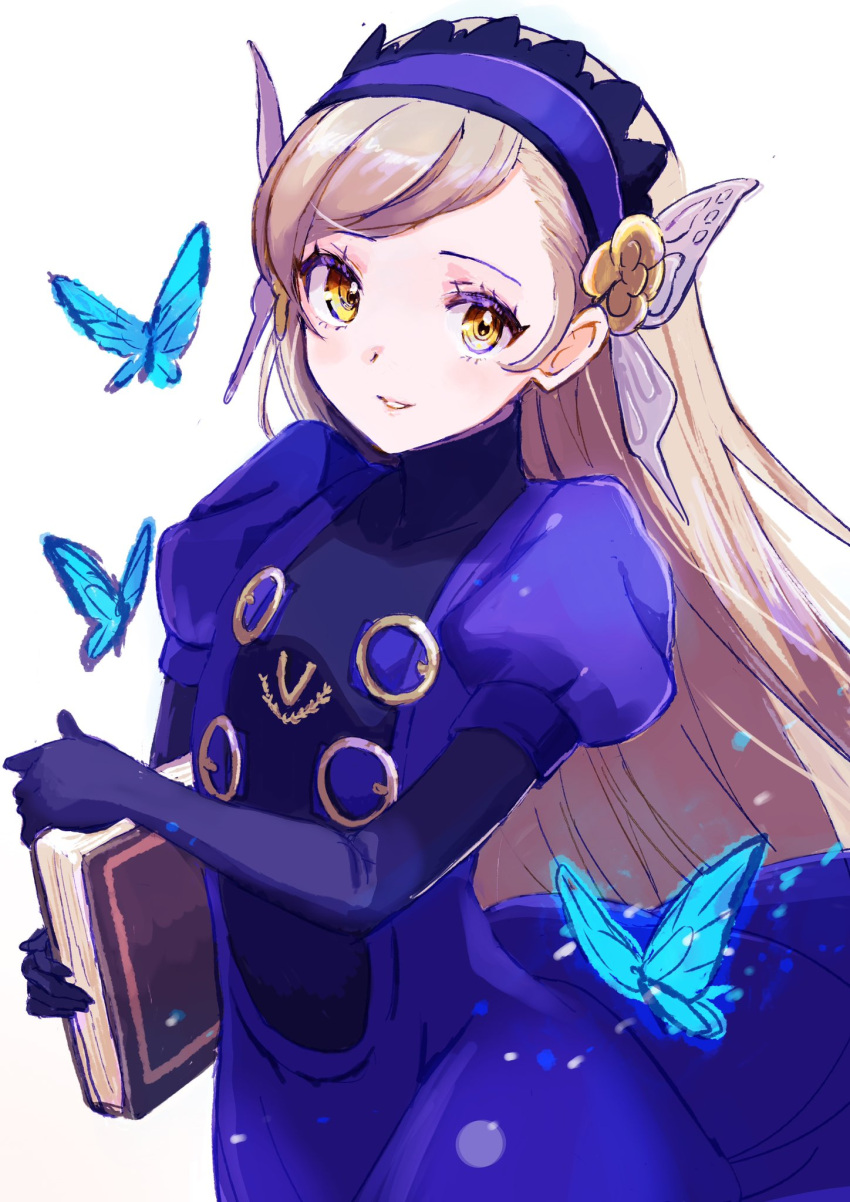 Safebooru - 1girl blonde hair blue butterfly blue dress blue hairband blue sleeves book bug ...