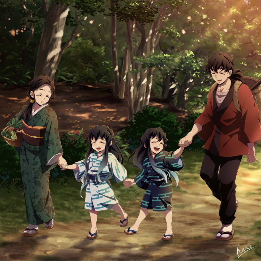 Safebooru - 1girl 3boys aqua hair aqua kimono basket black hair black ...