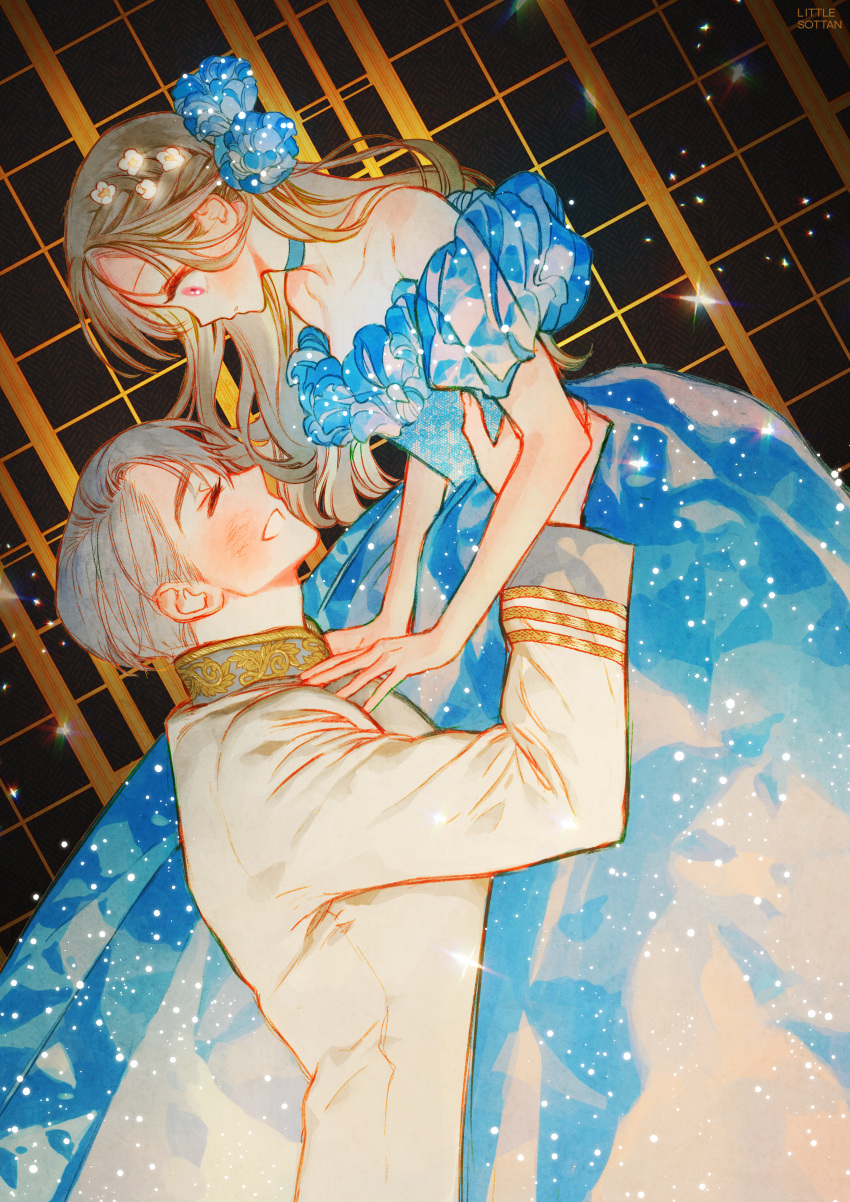 Safebooru - 1boy 1girl absurdres ballroom blue dress blush brown hair choker dancing dress faux ...