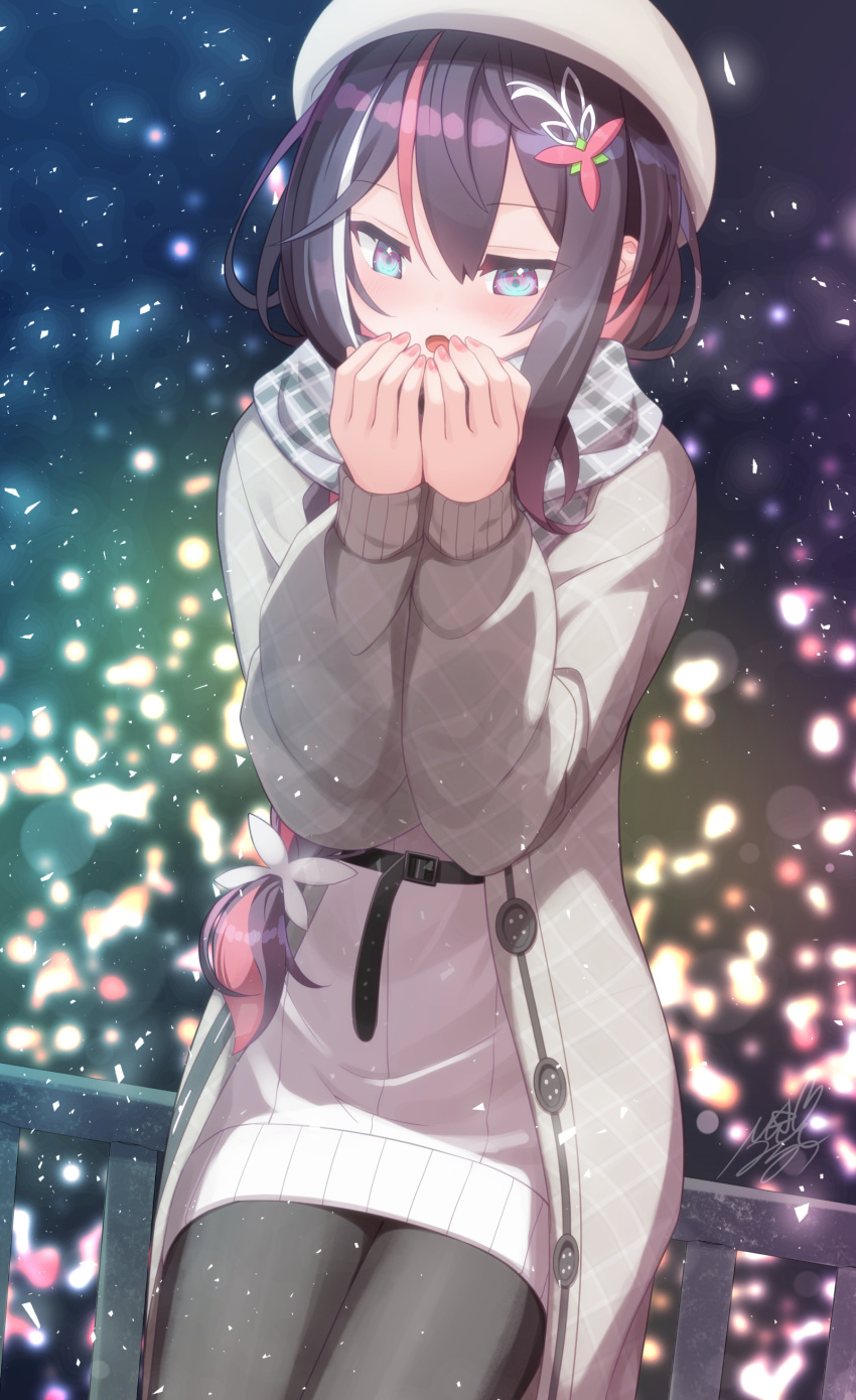 Safebooru - 1girl absurdres against railing alternate costume azki (hololive) beret black hair ...