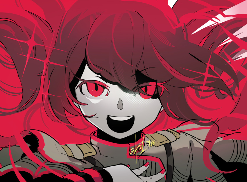 Safebooru - 1girl :d belt black belt double-parted bangs drill hair fingernails grey jacket hair ...