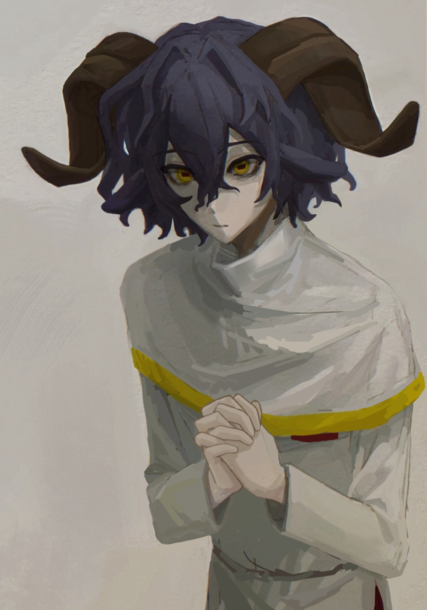 Safebooru - 1boy animal ears black hair black horns capelet chinese commentary closed mouth ...