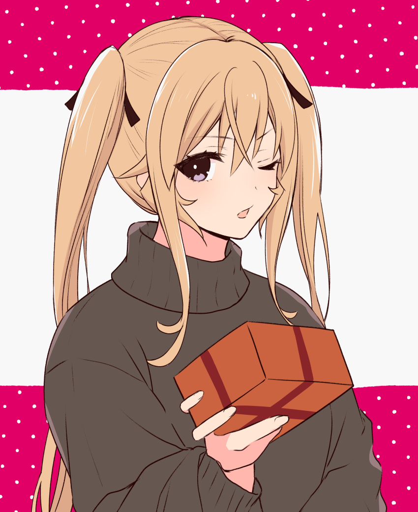 Safebooru - 1girl ;o absurdres black ribbon black sweater blonde hair box gift gift box hair ...