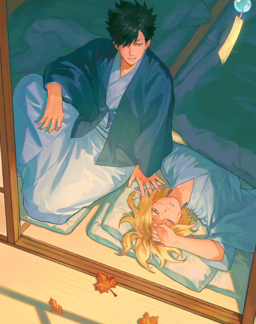 Safebooru - 2boys arm support arm up autumn leaves black hair blonde ...