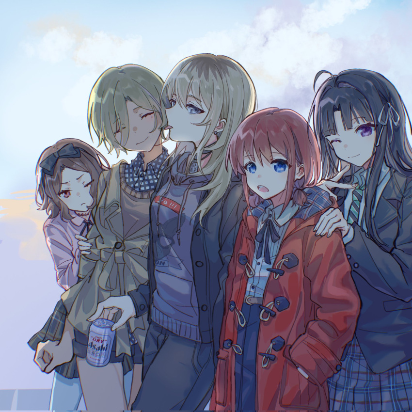 Safebooru - 5girls ahoge asahi breweries awa subaru beer can black bow ...