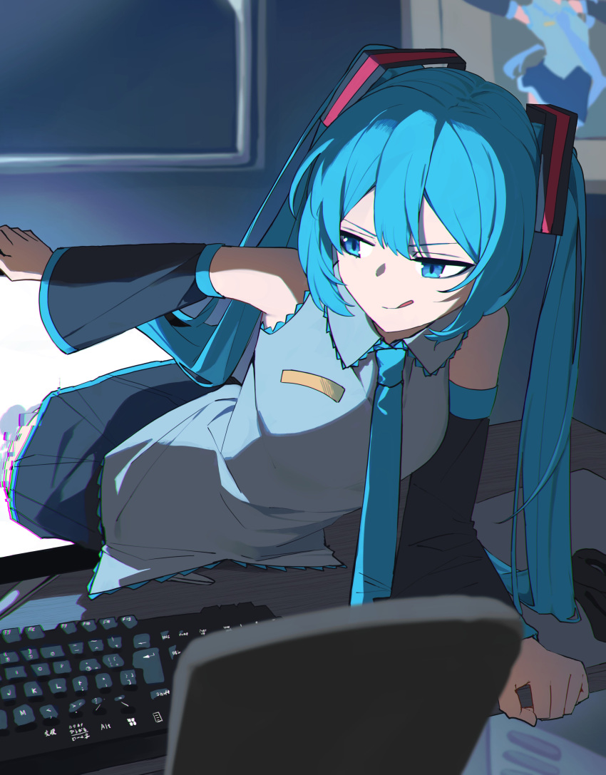 Safebooru - 1girl :q absurdres aqua eyes aqua hair aqua necktie black sleeves computer keyboard ...