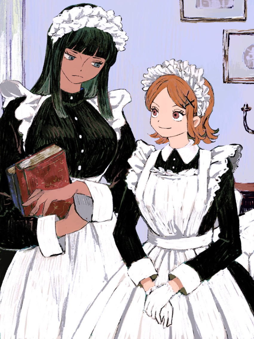 Safebooru - 2girls apron black hair book closed mouth commentary request cowboy shot cross hair ...