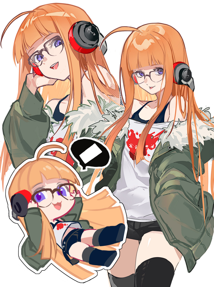 Safebooru - 1girl :d absurdres ahoge behind-the-head headphones black-framed eyewear black ...