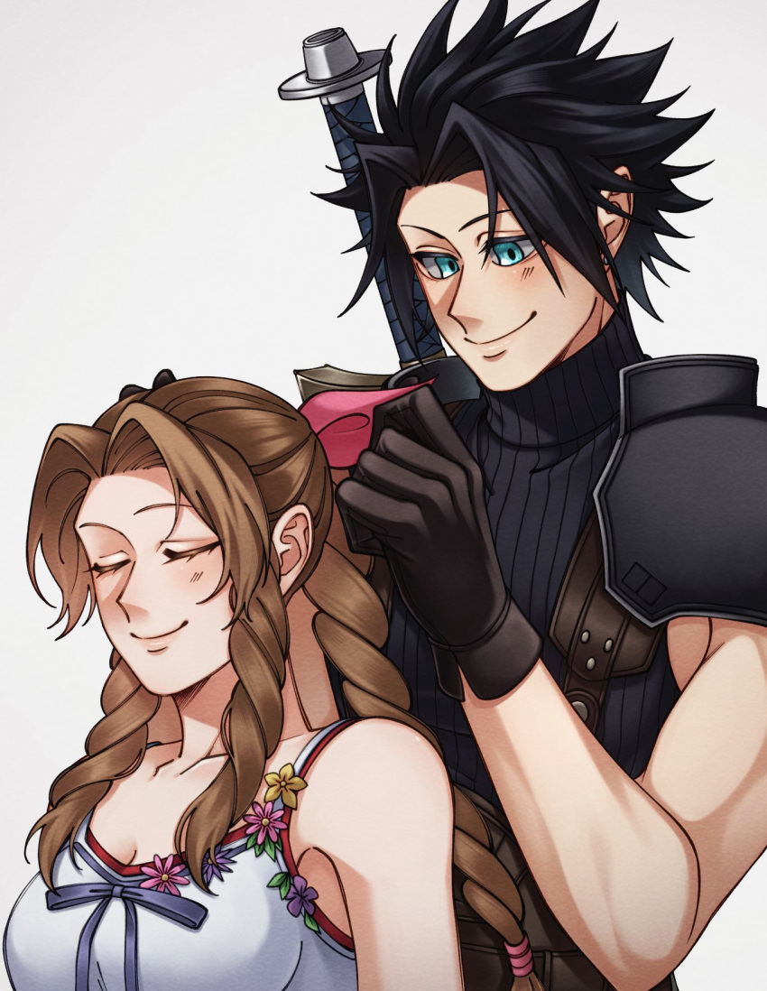 Safebooru - 1boy 1girl aerith gainsborough bare shoulders black hair black sweater blue eyes ...