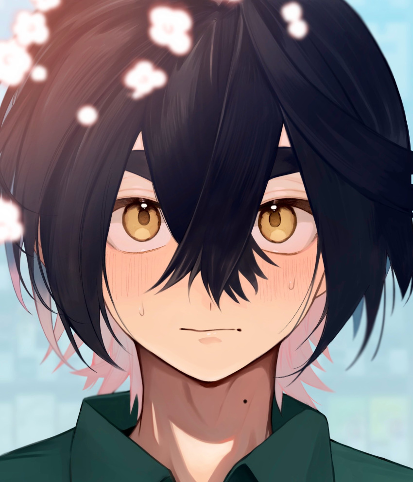 Safebooru - 1boy alternate costume black hair blurry closed mouth collared shirt commentary ...