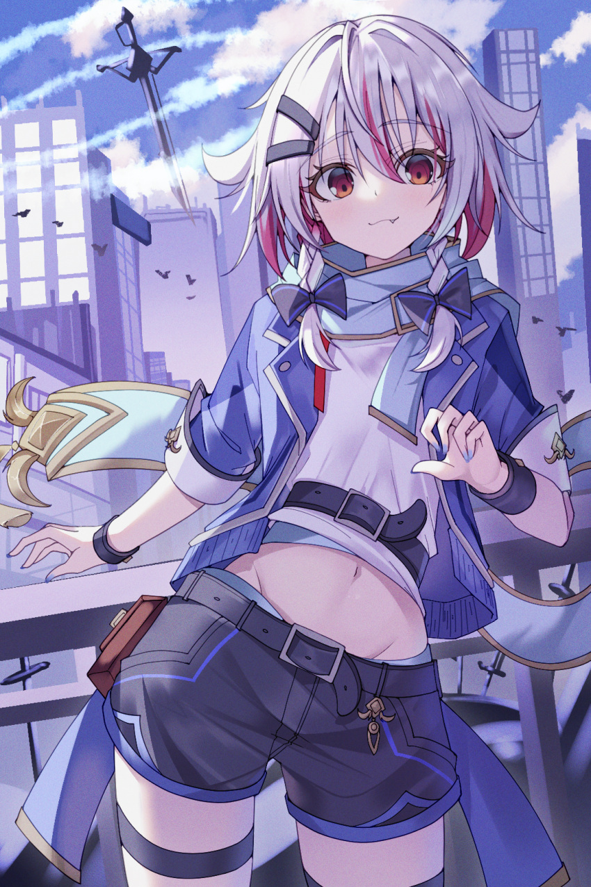 Safebooru - 1boy belt bird black bow black shorts blue nails bow cityscape crossdressing fang ...